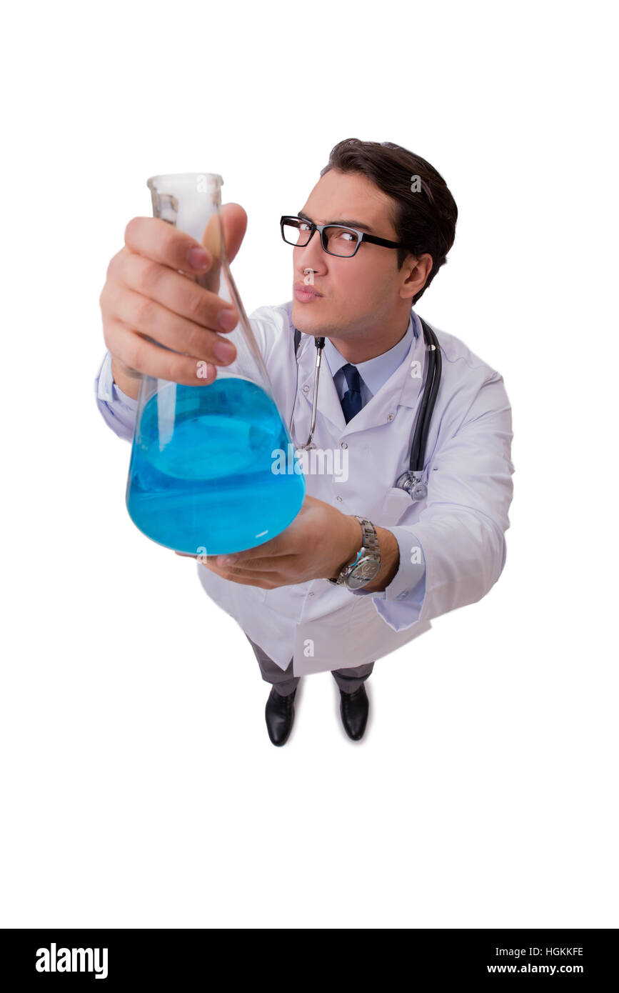 Funny doctor with blue liquid isolated on white Stock Photo - Alamy