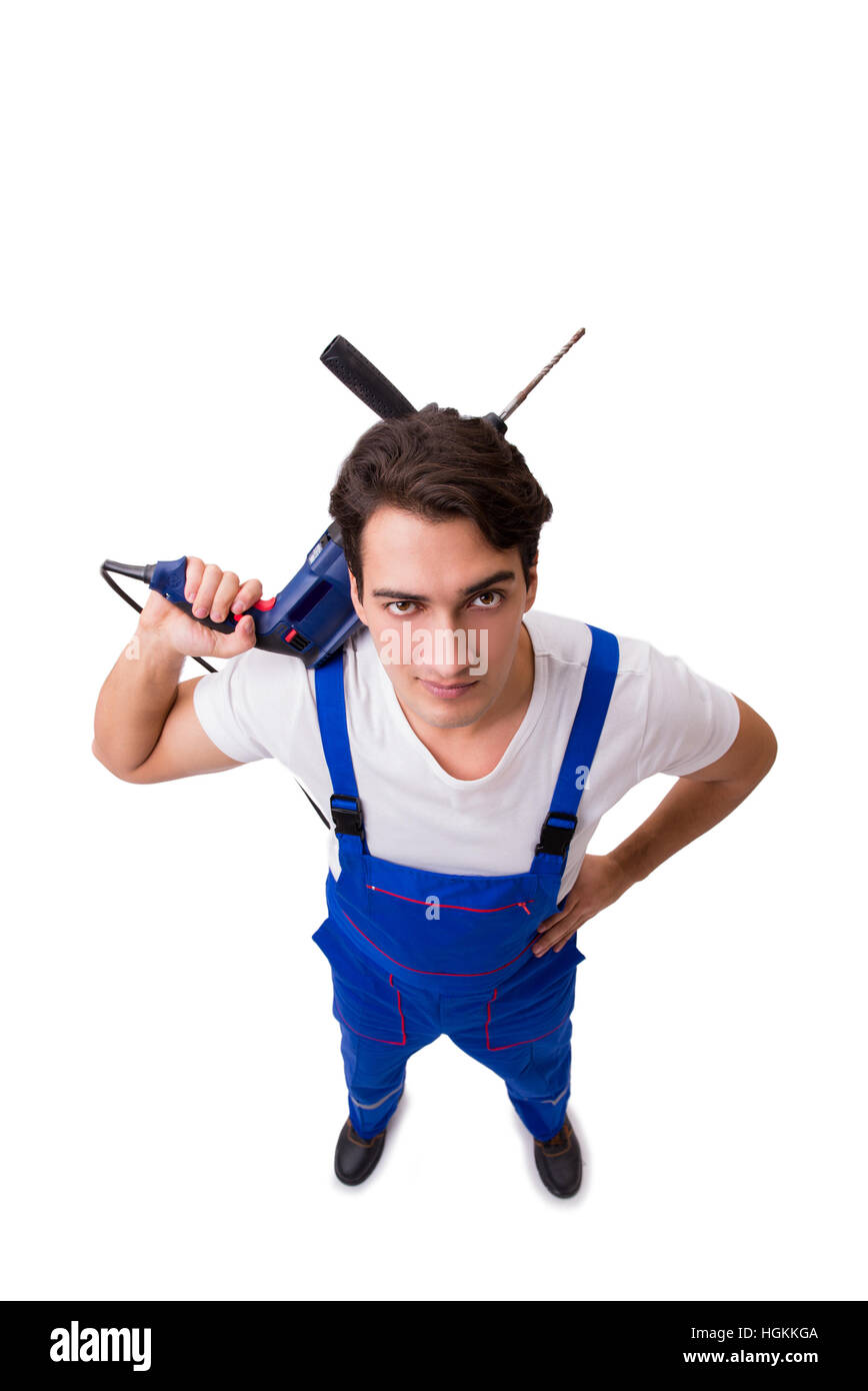 Funny repairman with drill isolated on white Stock Photo - Alamy