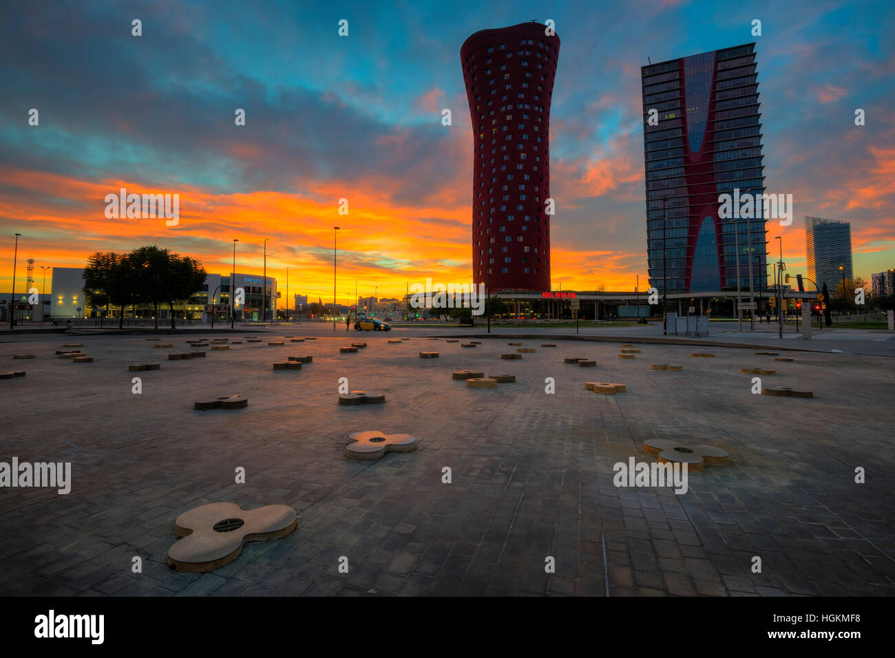 The sunset view in front of the Fira Gran Via Convention Centre in L ...