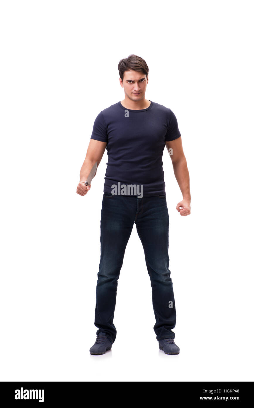 Young mobster with knife isolated on white Stock Photo - Alamy
