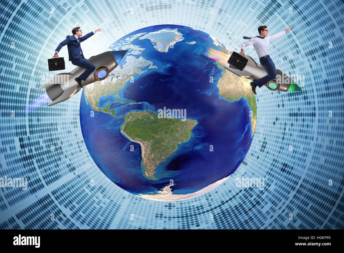 Two businessmen chasing around globe Stock Photo - Alamy