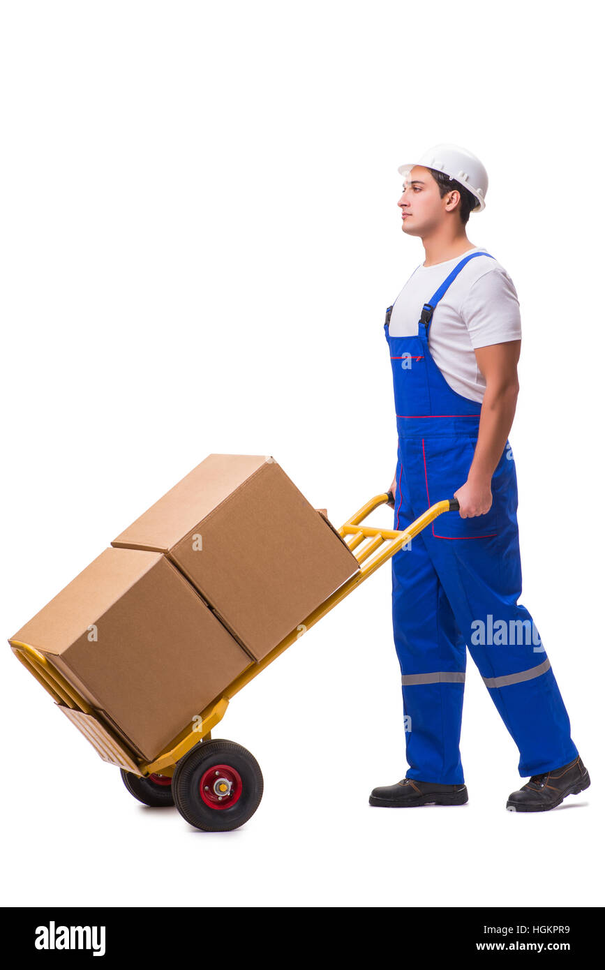 Man delivering box isolated on white Stock Photo - Alamy