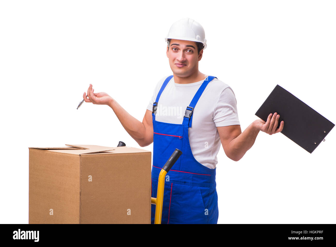 Man delivering box isolated on white Stock Photo - Alamy