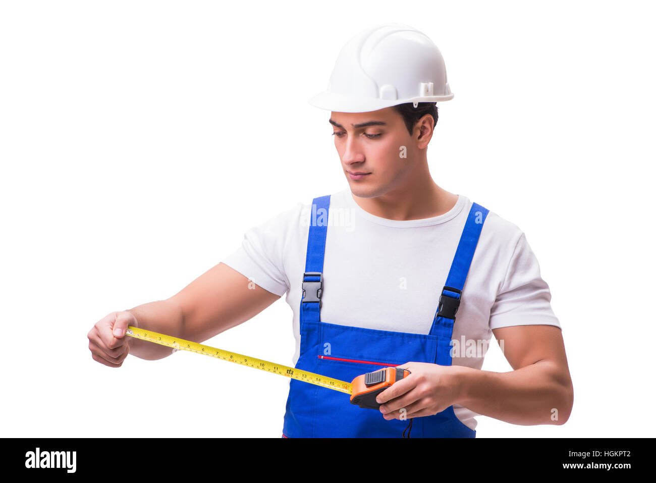 Man with tape measure isolated on white Stock Photo - Alamy