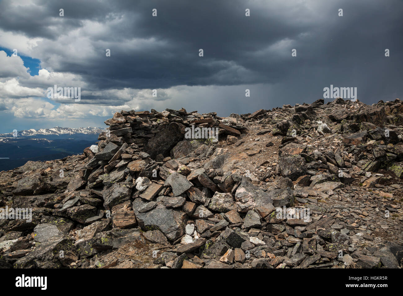 Battered stone bivy shelter on the summit of Ypsilon Mountain, Rocky ...