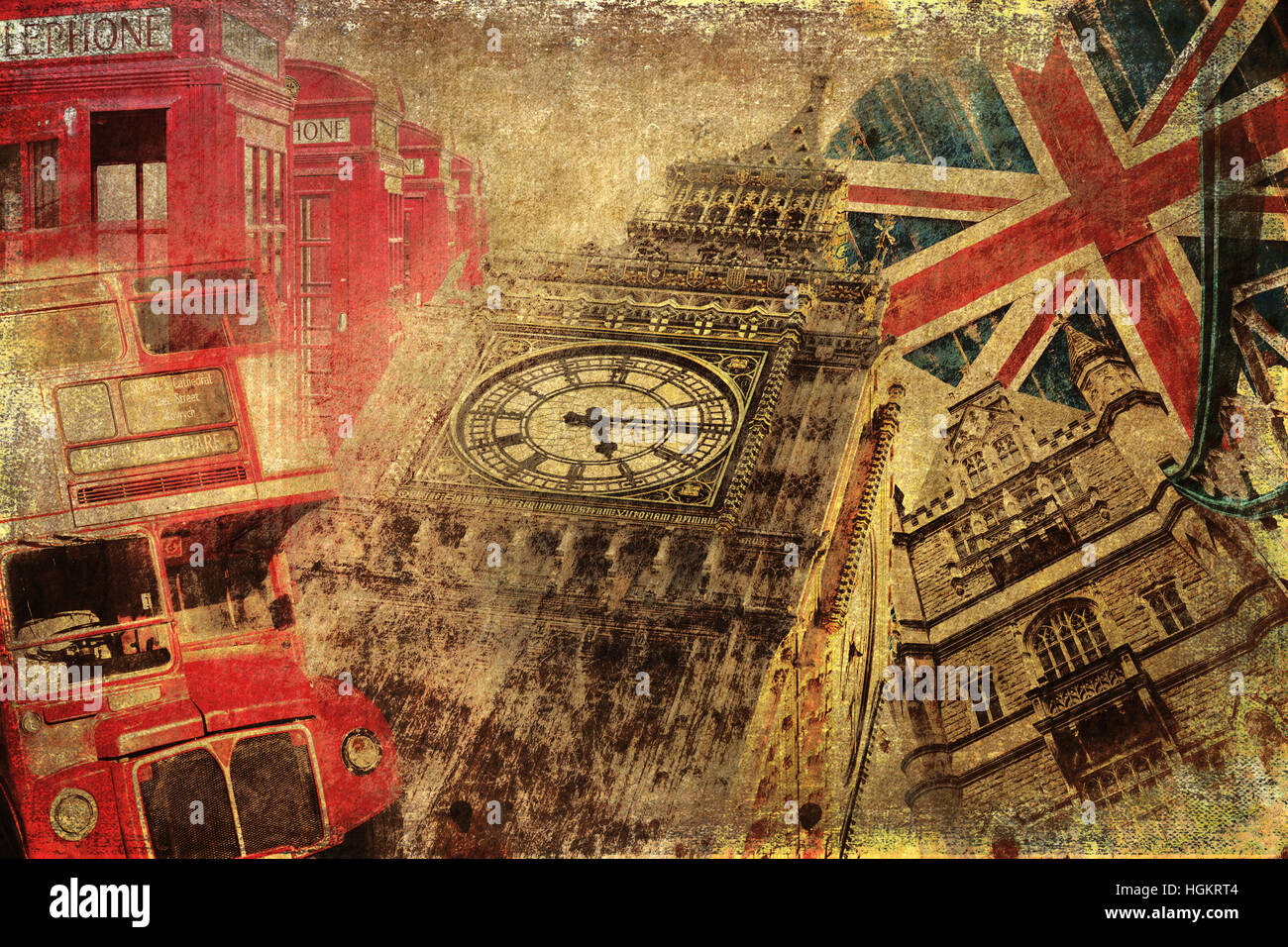vintage textured collage with icons of London Stock Photo - Alamy