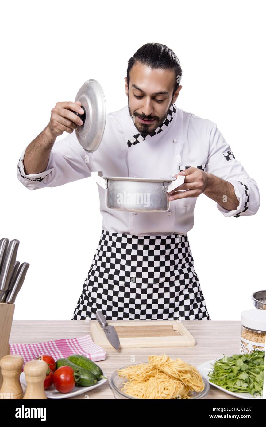 Funny male cook isolated on the white background Stock Photo - Alamy