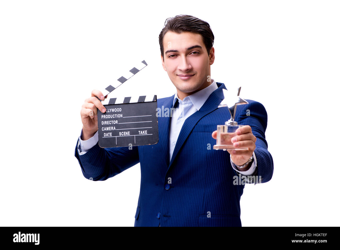 Handsome man with movie clapper isolated on white Stock Photo - Alamy