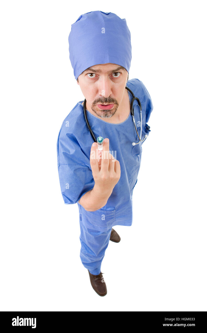 silly doctor with a syringe, full length, isolated on white background ...