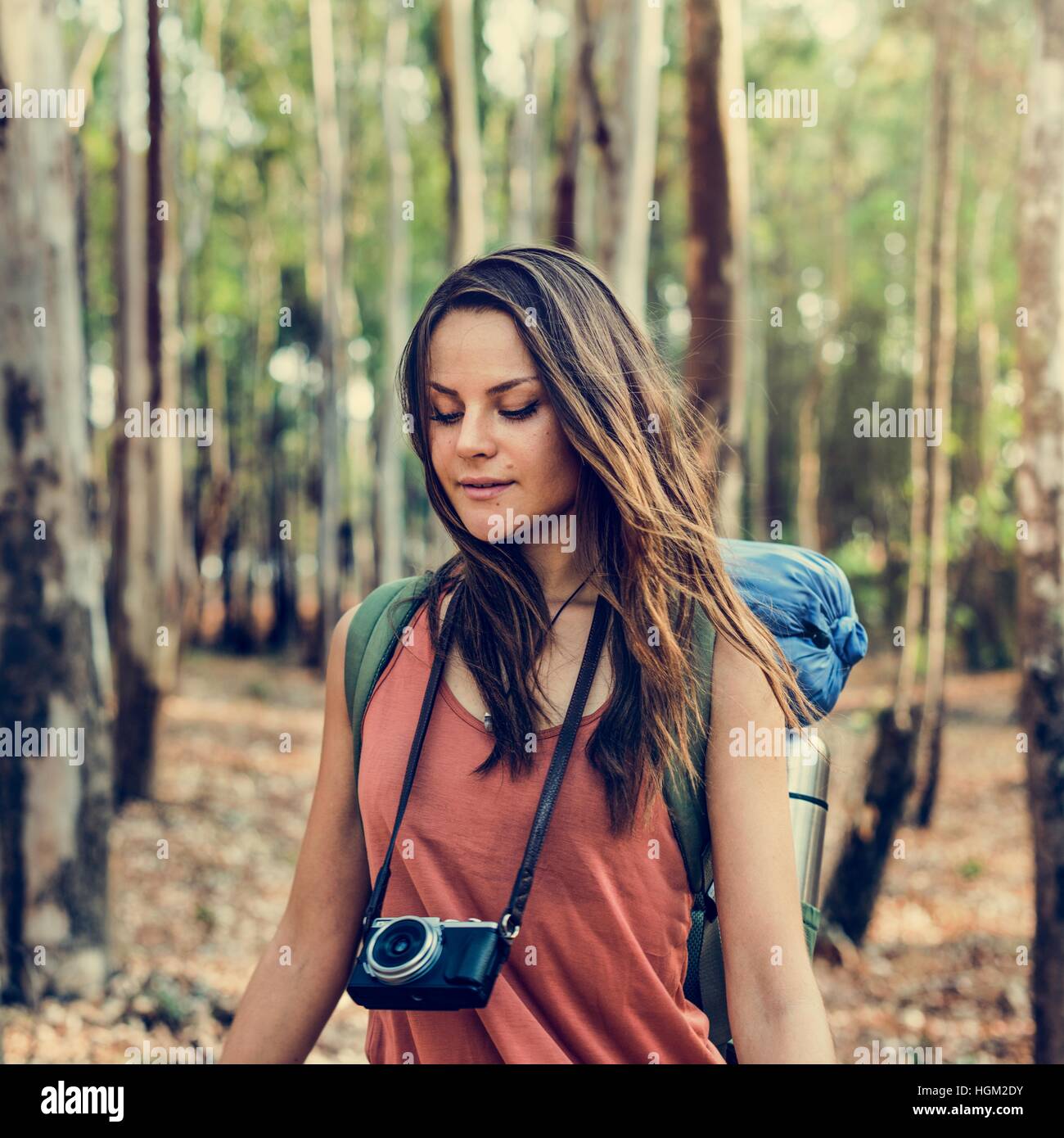 Girl Walking Exploring Outdoors Camera Concept Stock Photo - Alamy