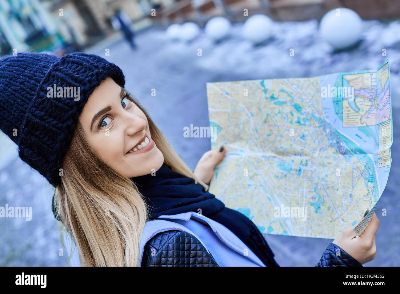 Beautiful girl looking at the map right way in a foreign city Stock ...