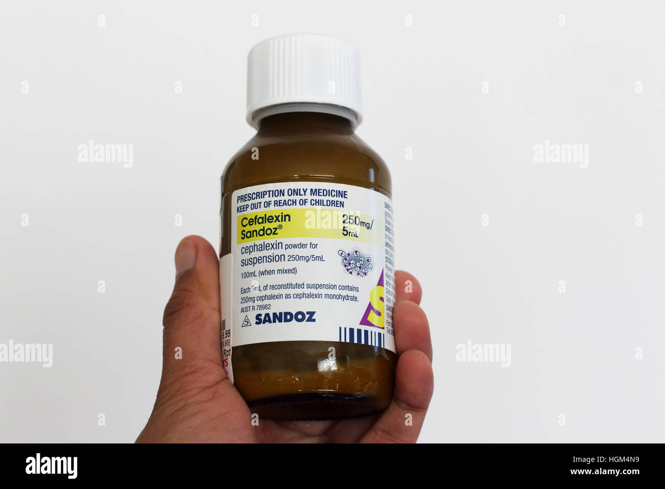 Hand Holding Cefalexin Sandoz antibiotic isolated against white ...