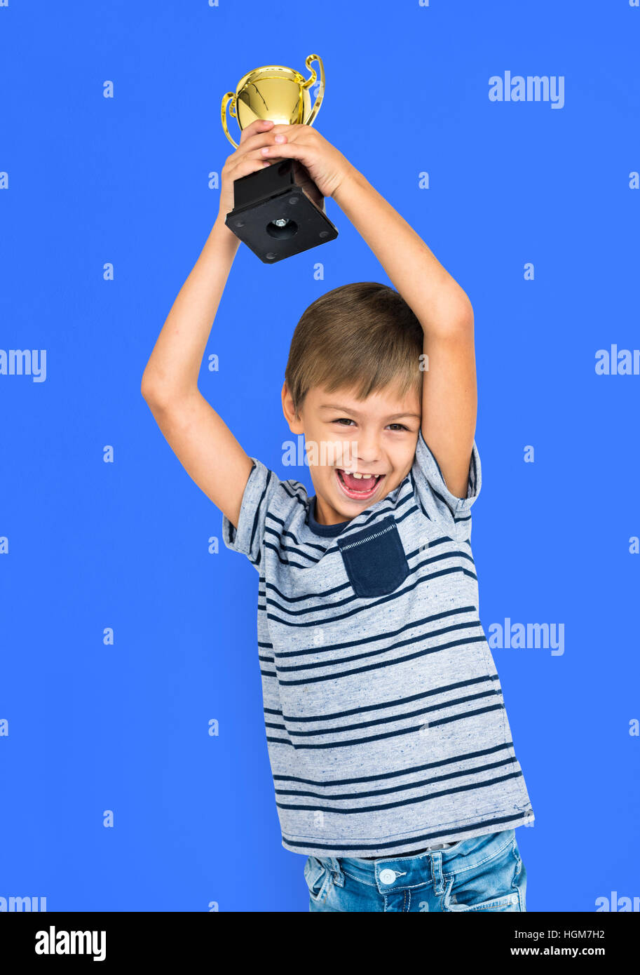 Little Boy Kid Adorable Cute Winning Trophy Portrait Concept Stock ...