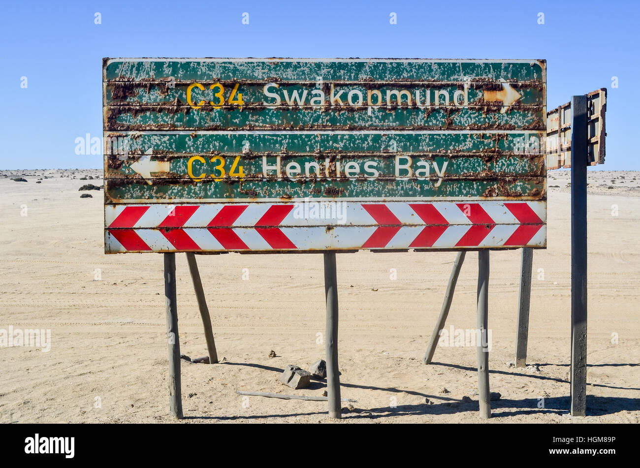 Rusty road sign between Swakopmund and Henties Bay, along the C34 salt ...