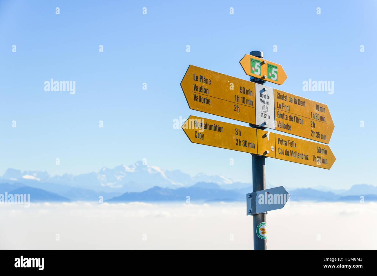 Hiking signs and panorama of the Swiss Alps seen from the Dent de ...