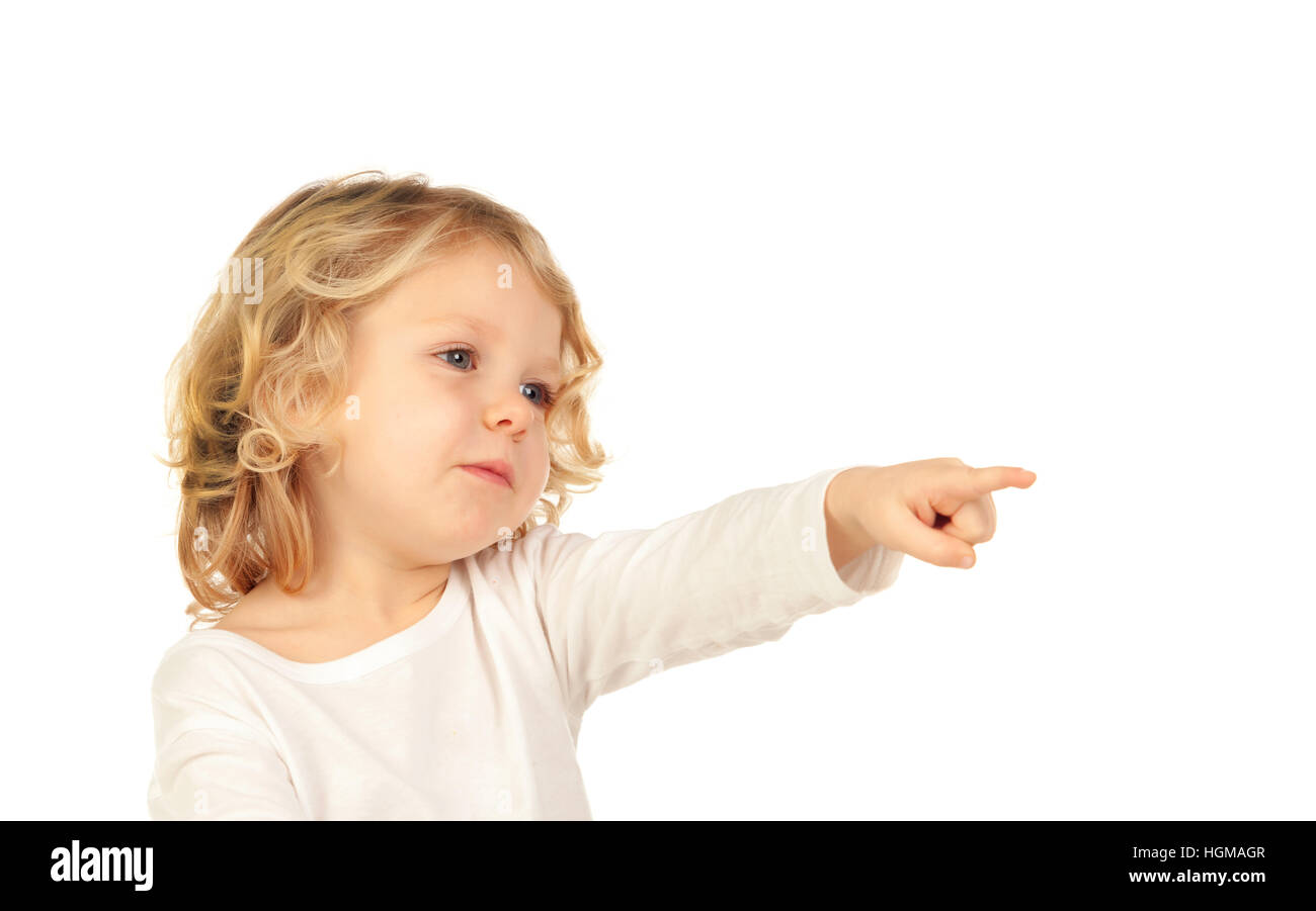 Cute kid pointing with his finger isolated on white background Stock ...