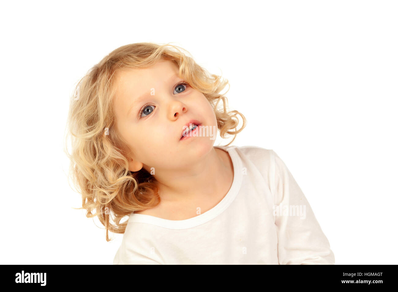 Portrait of playful small kid with long blond hair isolated on white ...