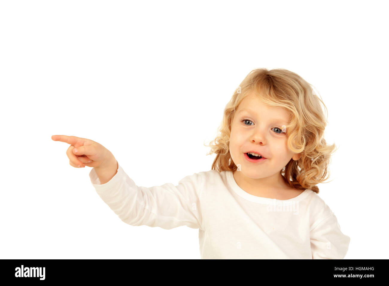 Cute kid pointing with his finger isolated on white background Stock ...