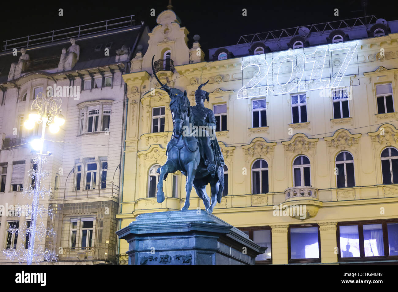 Statue of Ban Josip Jelacic with 2017 sign on the building at night on ...