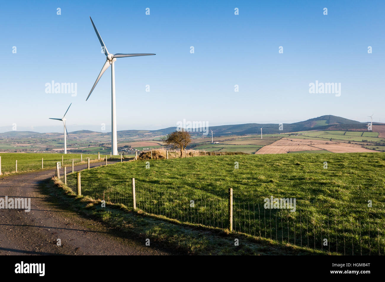 Turbines of a wind-farm dot the green landscape of Wexford in Ireland ...