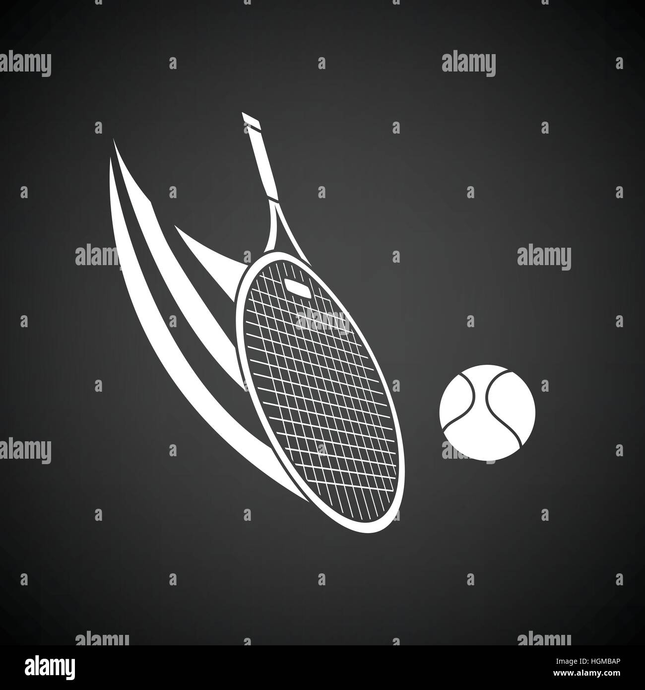 Tennis racket hitting a ball icon. Black background with white. Vector ...