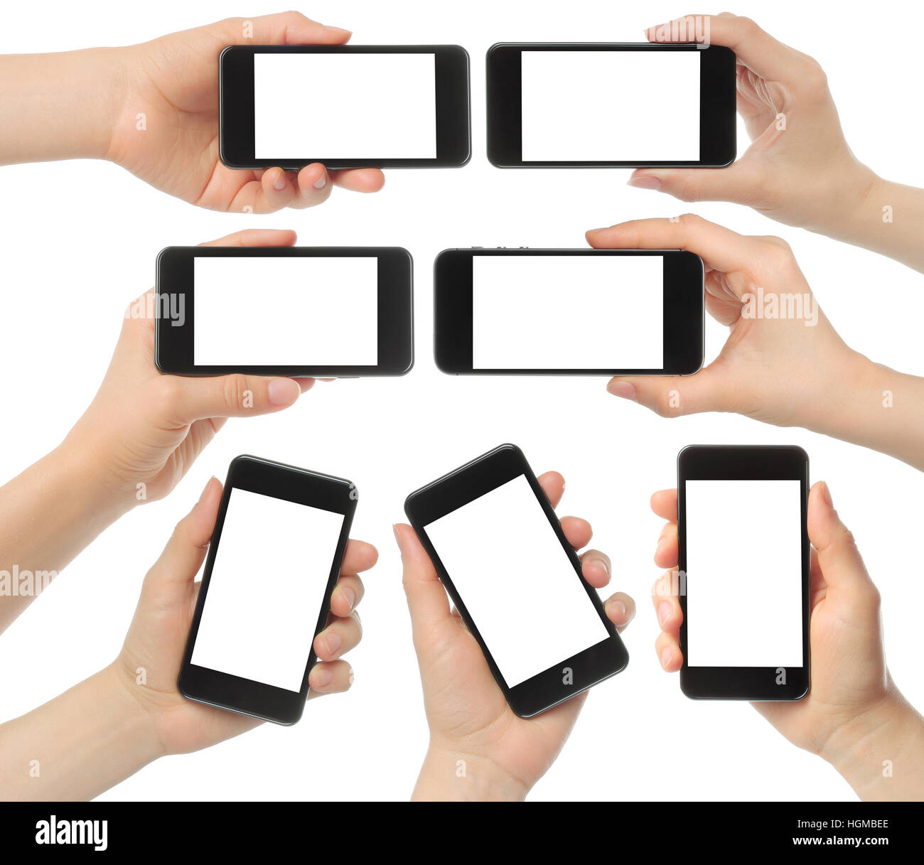 Set of hands holding smart phones isolated on white background Stock ...