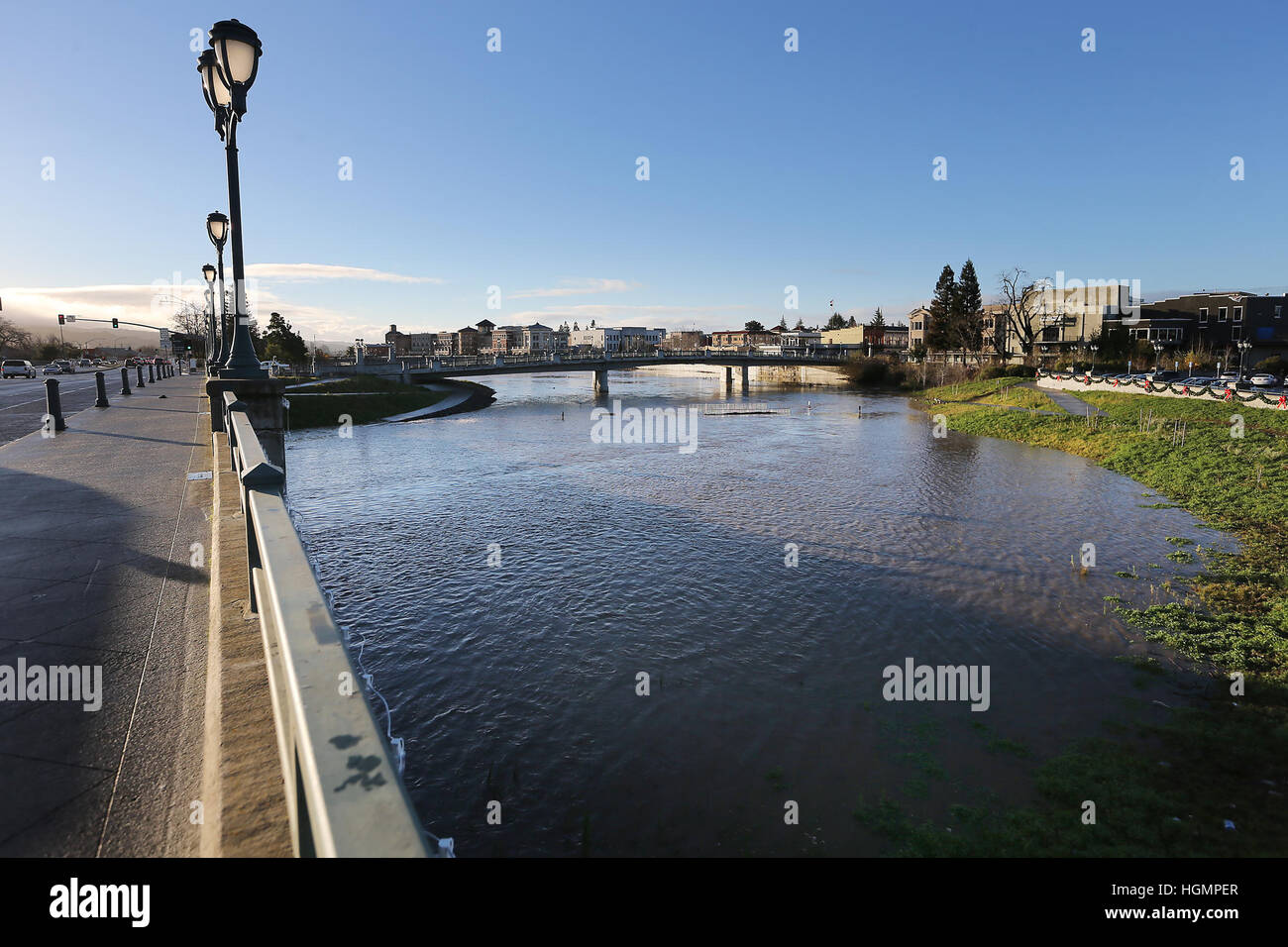 Napa, CA, USA. 11th Jan, 2017. The flooded Oxbow Commons are seen from ...