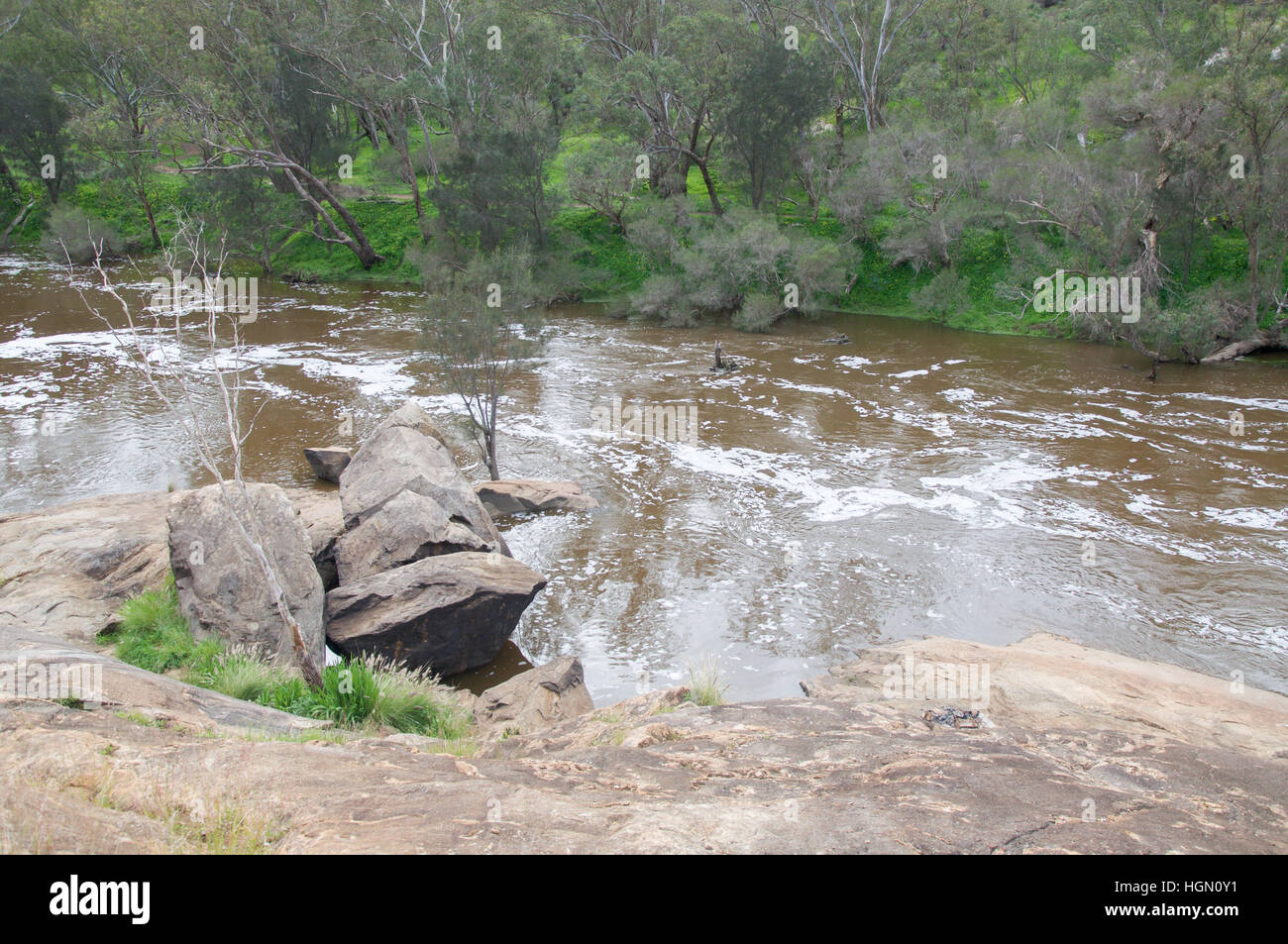 View overlooking the Swan River Bell Rapids downstream with granite ...