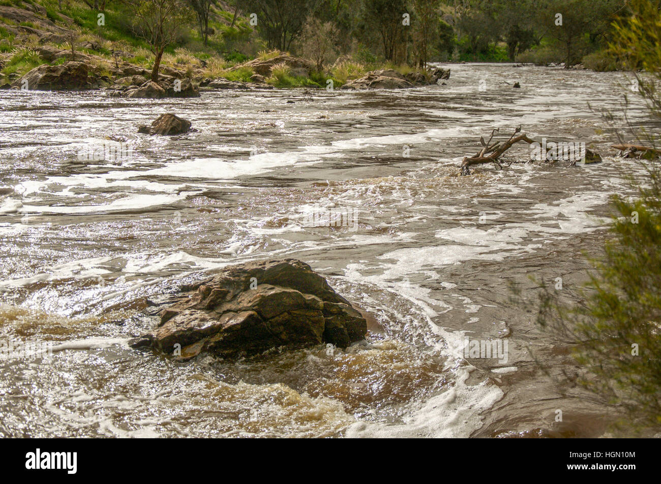 Rushing waters and granite rock in the Swan River at Bell Rapids in ...