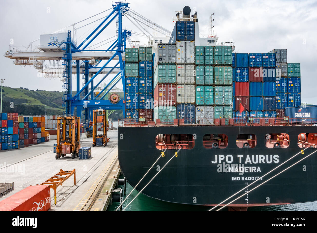 Freight handling of containers at Port Chalmers, Otago harbour, Dunedin ...
