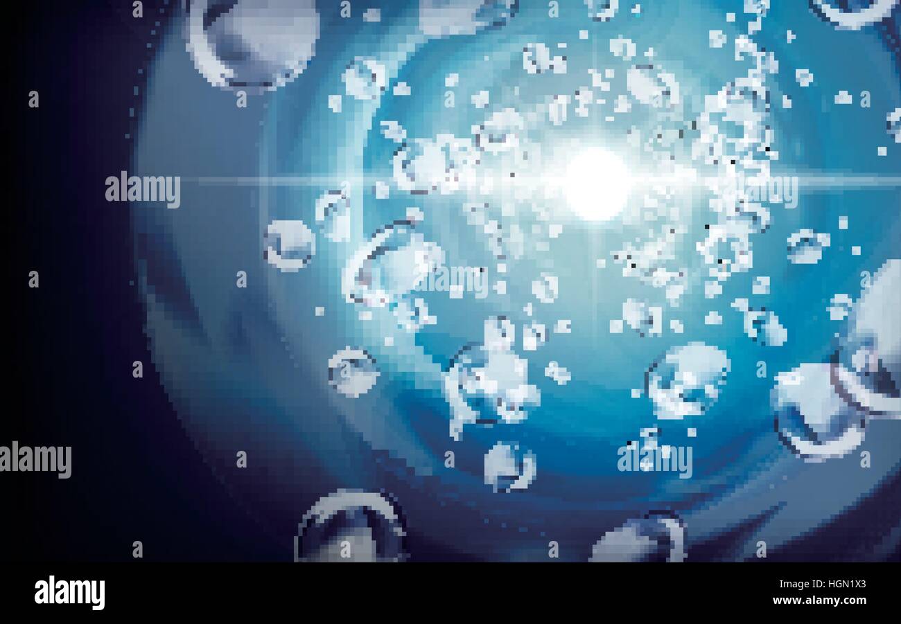 strong streak of light penetrates into blue water and bubble elements ...