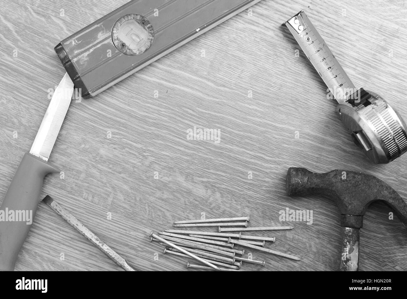Construction tools on table Black and White Stock Photos & Images - Alamy