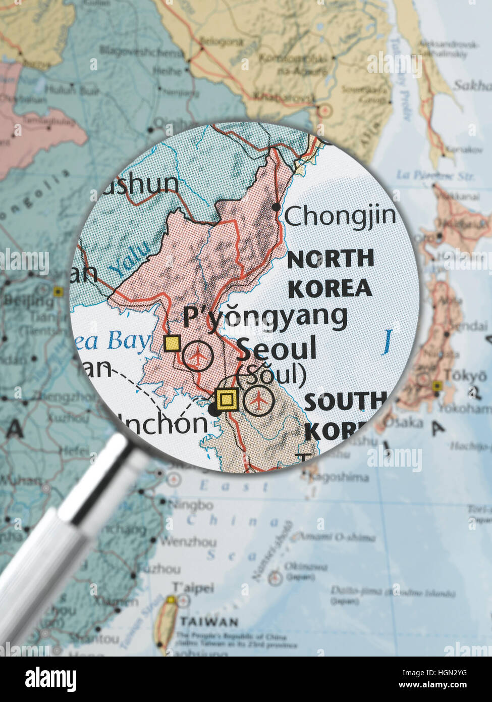 North Korea highlighted through a magnifying glass Stock Photo - Alamy
