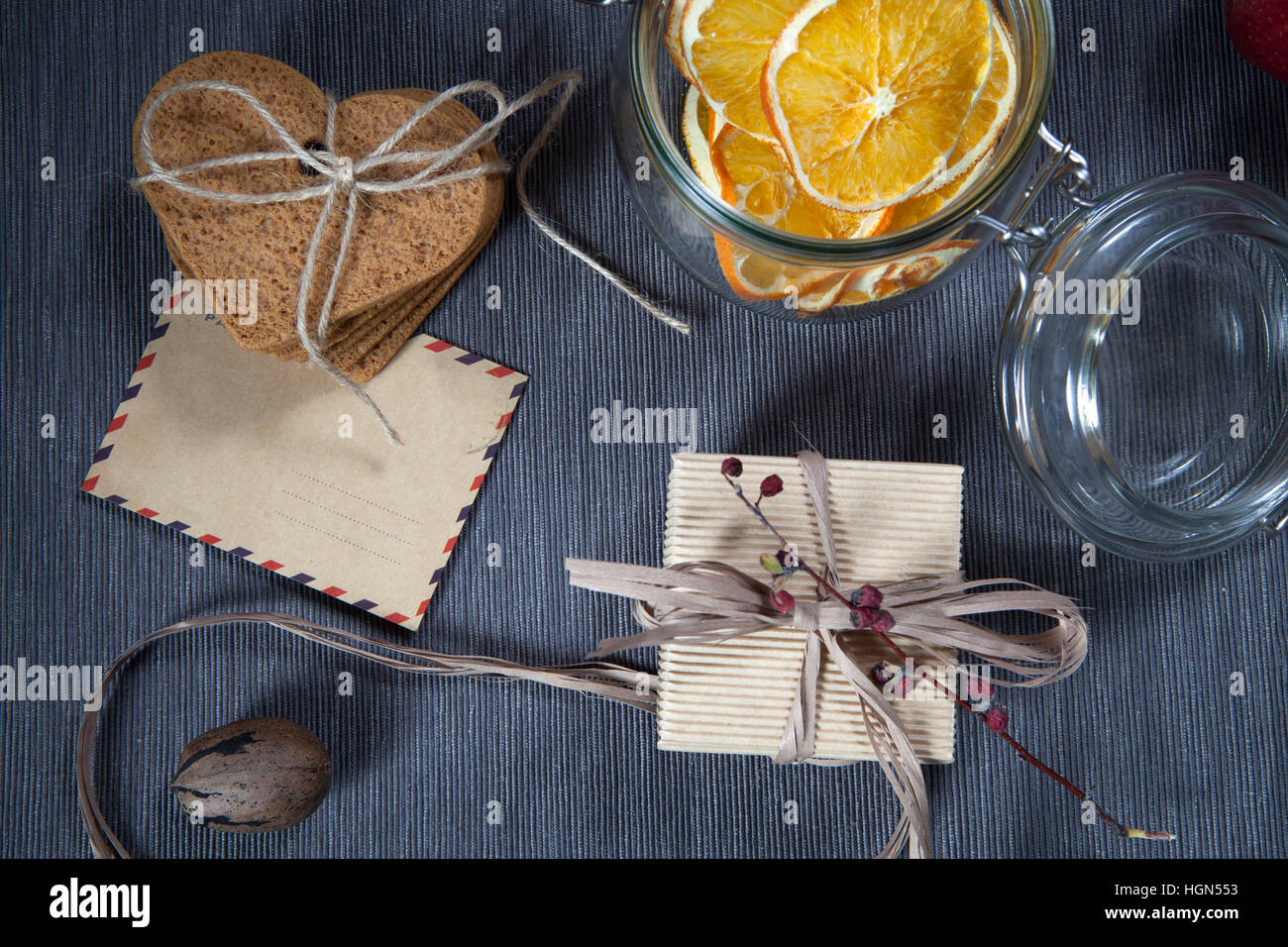 Gift for Valentine's Day. Gingerbread heart-shaped, envelope and gift ...