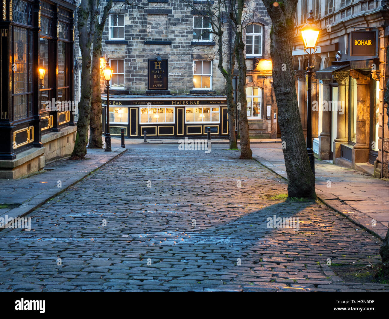Crown Place Cobbled Street at Dusk Harrogate North Yorkshire England ...