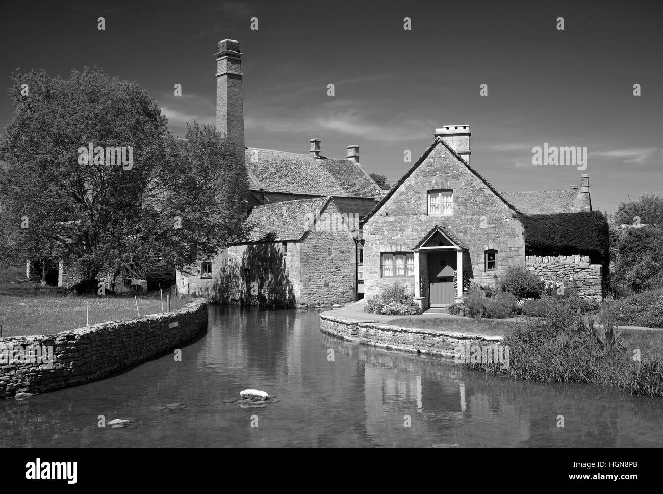 Summer, The Old Watermill and Cottages, river Windrush, Lower Slaughter ...