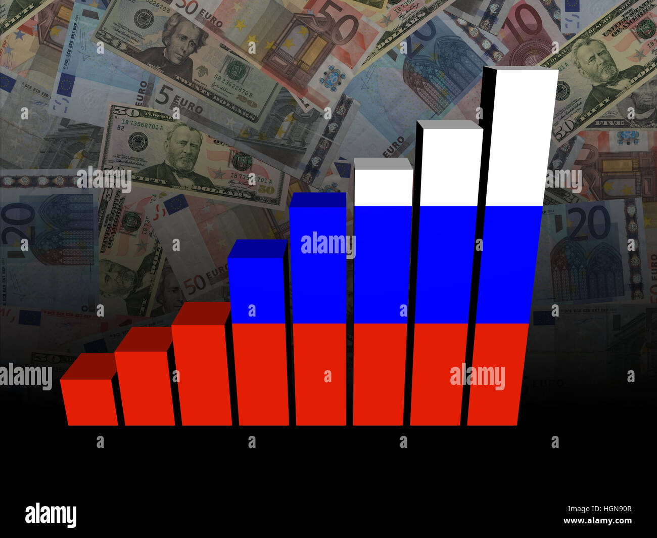Russian flag bar chart over Euros and Dollars illustration Stock Photo ...