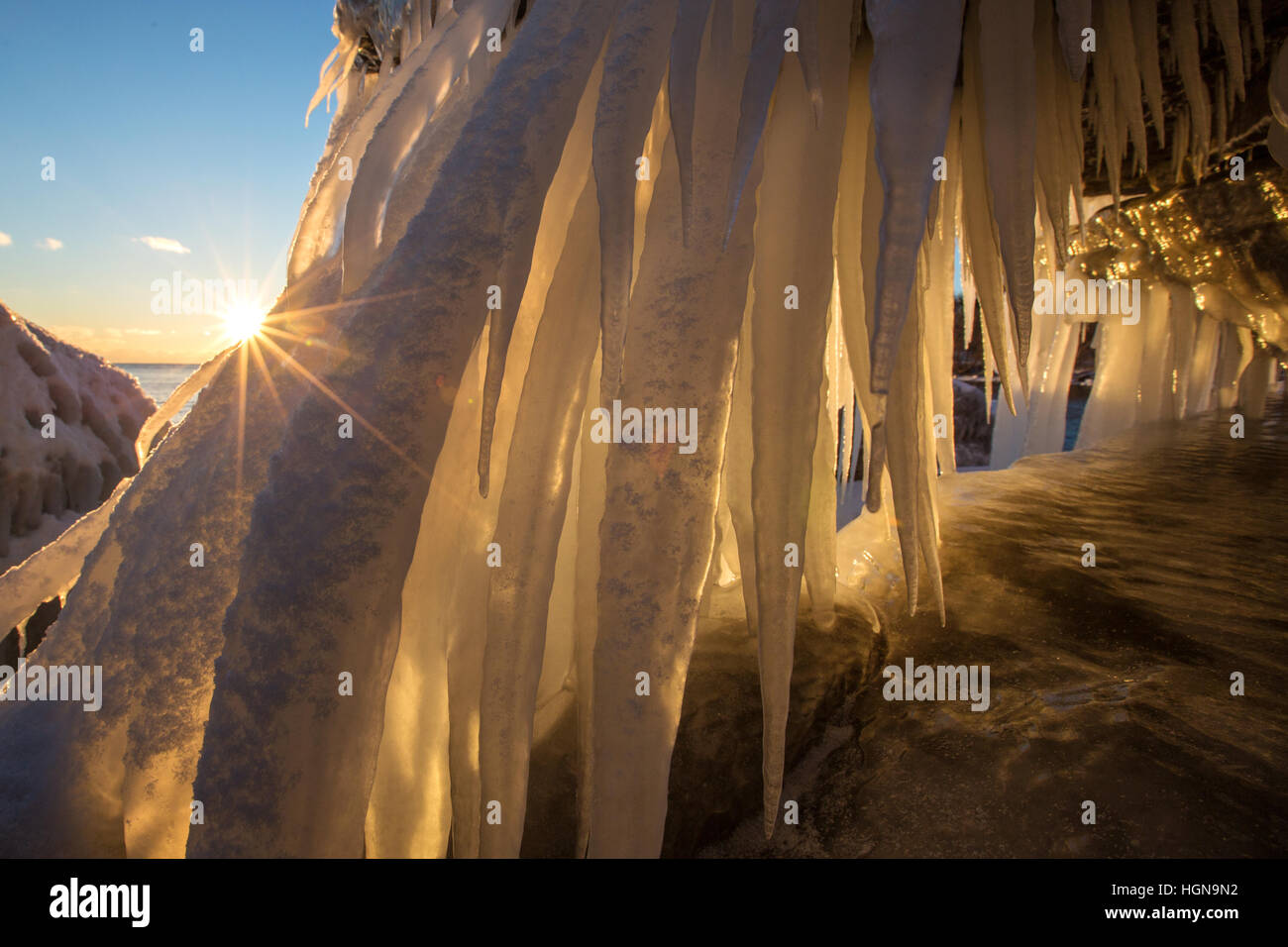 Icicles during sun set at Lake Ontario Stock Photo - Alamy