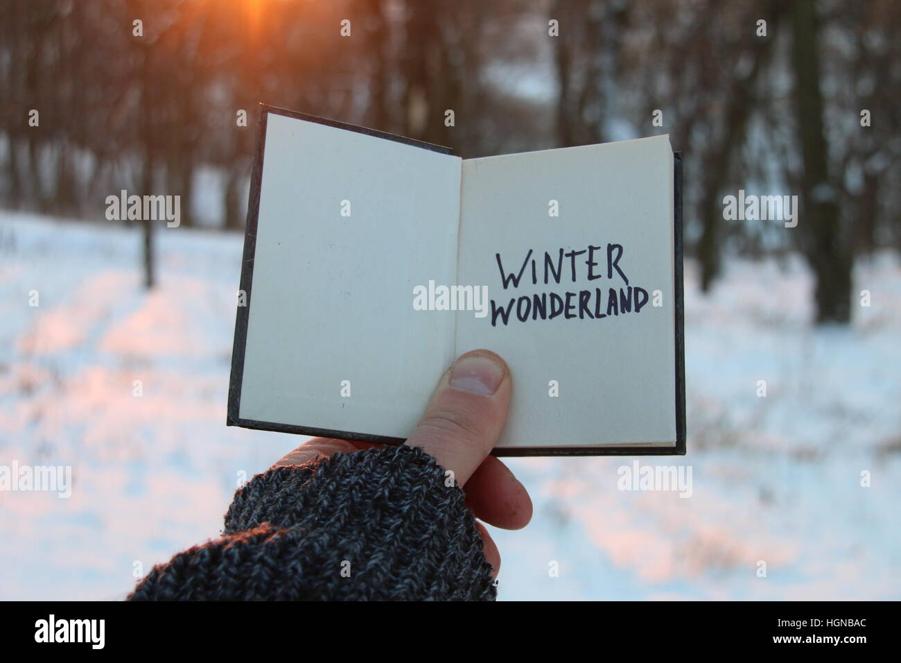 Winter wonderland idea. Book and text Stock Photo - Alamy