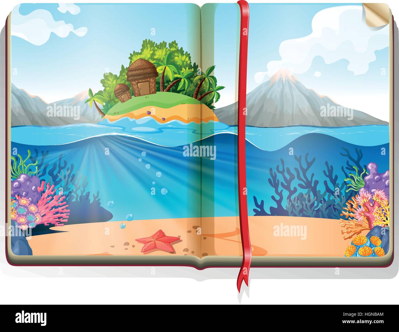Scene with island in the ocean in the book illustration Stock Vector ...