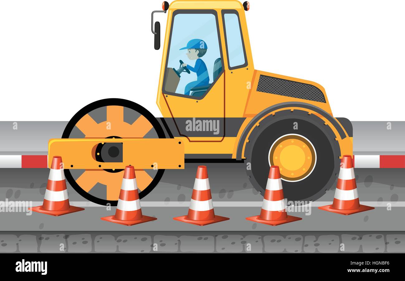 Man driving road roller on the road illustration Stock Vector Image ...