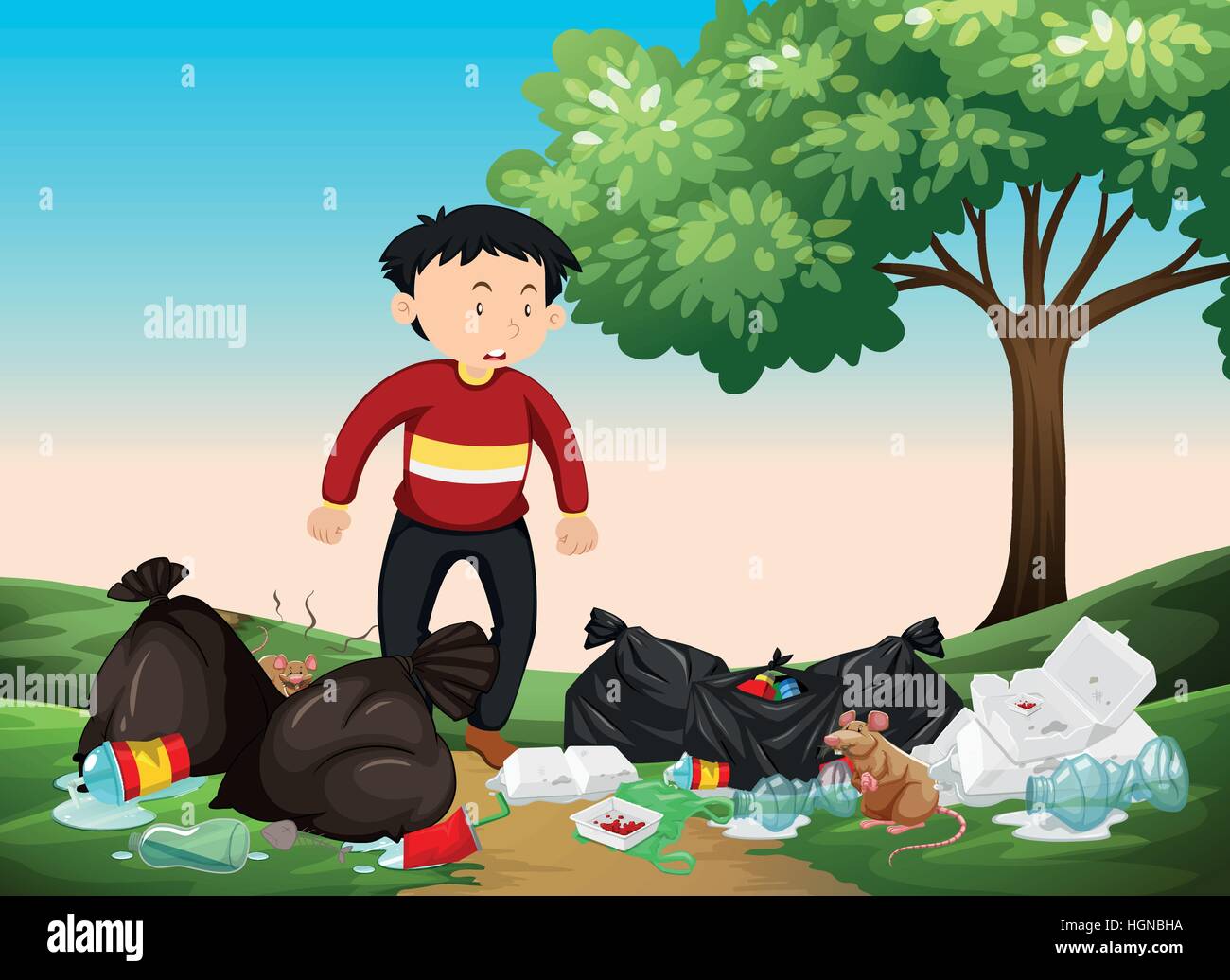 Man looking at pile of trash in the park illustration Stock Vector ...