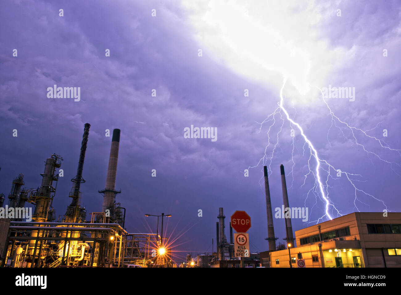 Thunder and lightning storm at the now demolished Coryton Refinery ...