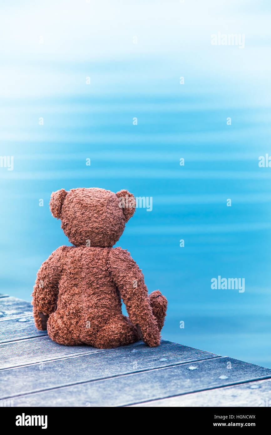 Back of a brown teddy bear sitting alone at wooden planks of a pier at ...