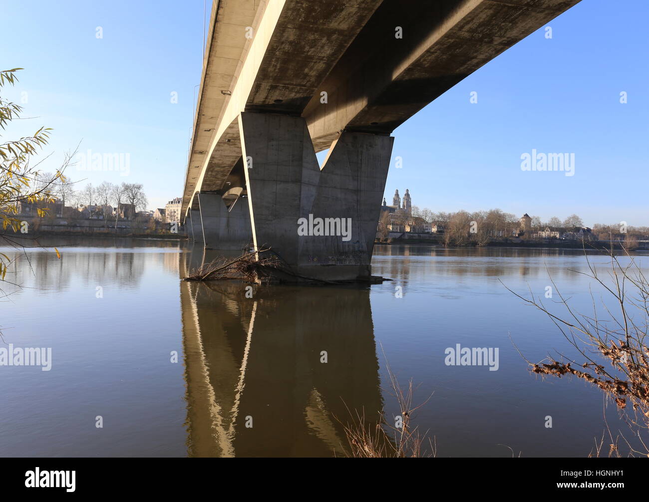 Mirabeau bridge and Tours cathedral with river Loire Tours France ...
