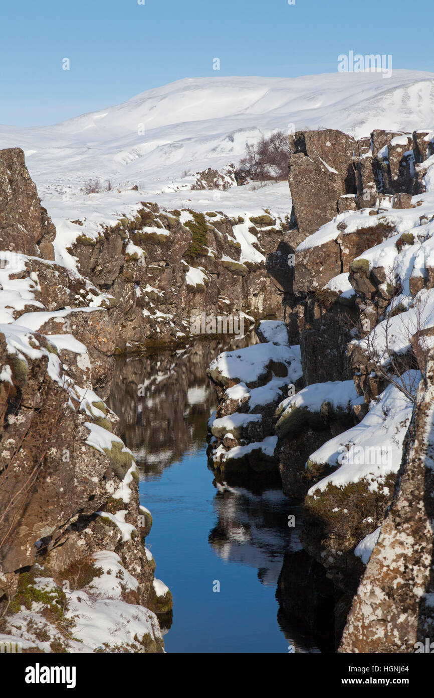 Nikulasargja canyon in the snow in winter, Thingvellir National Park ...
