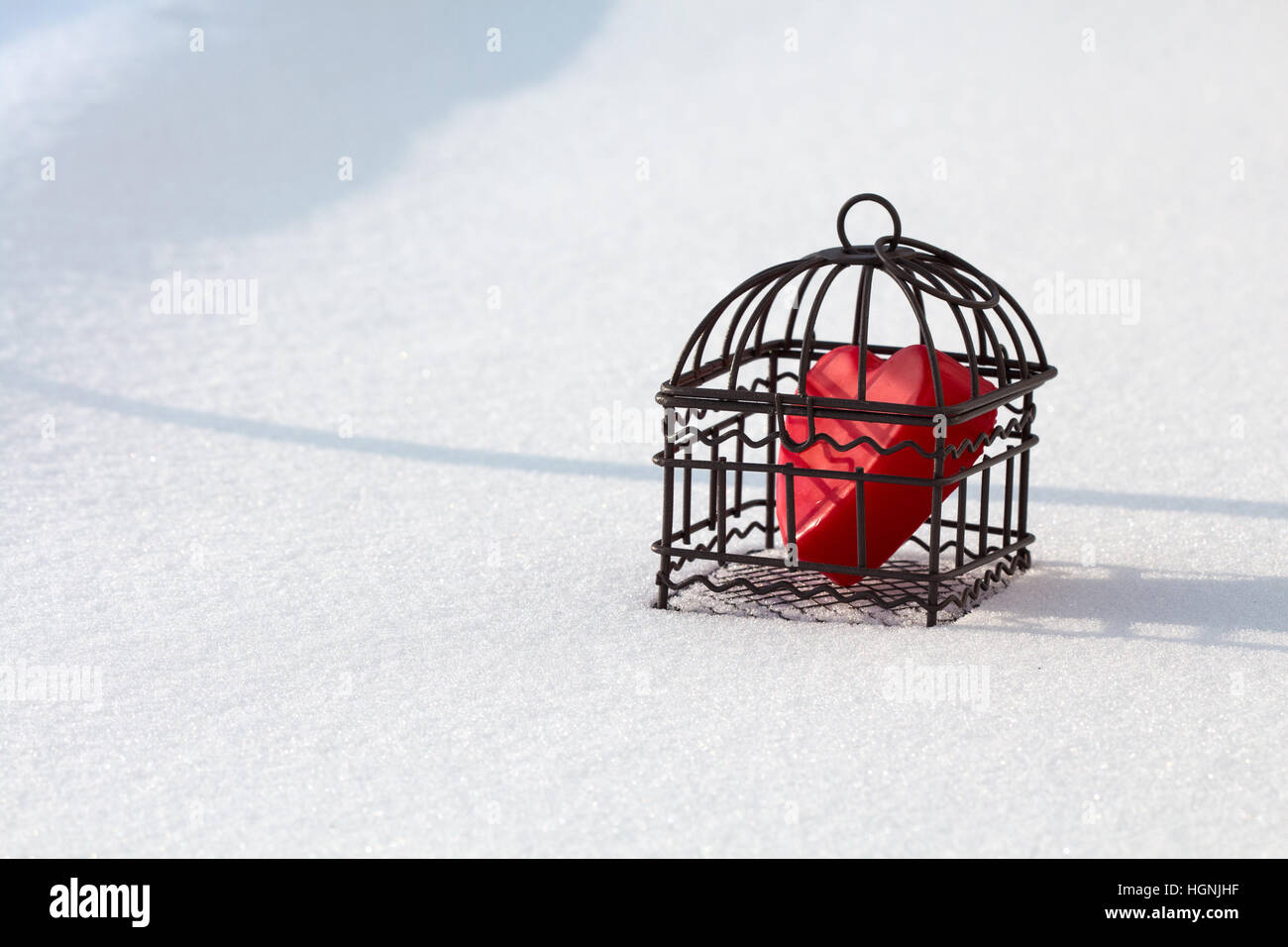 Heart in cage out in the snow landscape view Stock Photo - Alamy