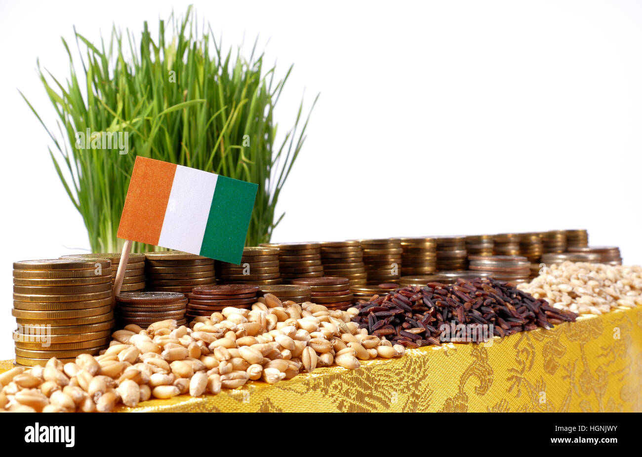 Ivory Coast flag waving with stack of money coins and piles of wheat ...