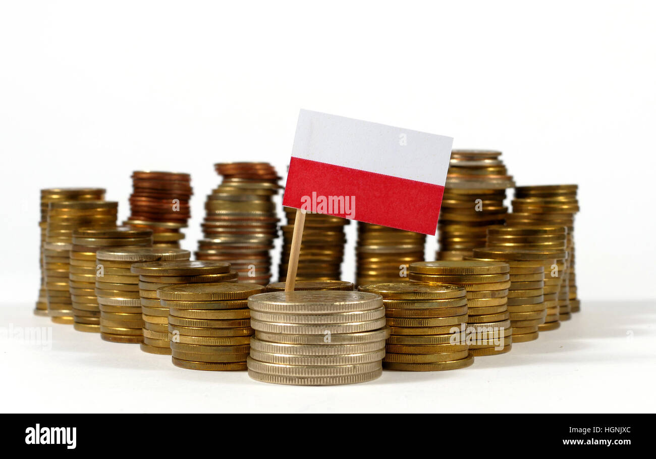 Poland flag waving with stack of money coins Stock Photo - Alamy