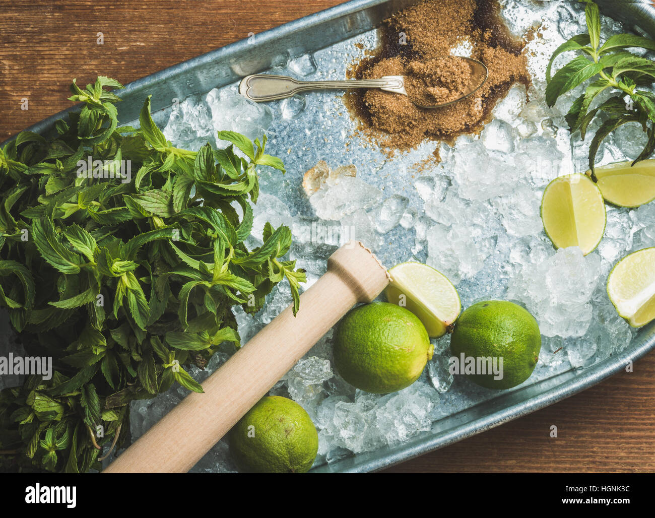 Ingredients for making mojito summer cocktail on ice in tray Stock ...